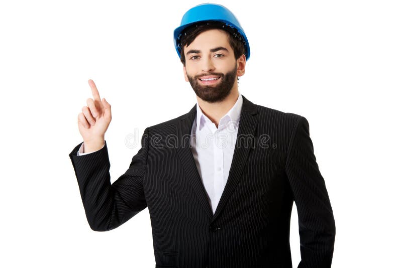 Engineer in Protective Helmet Pointing Up. Stock Image - Image of happy ...