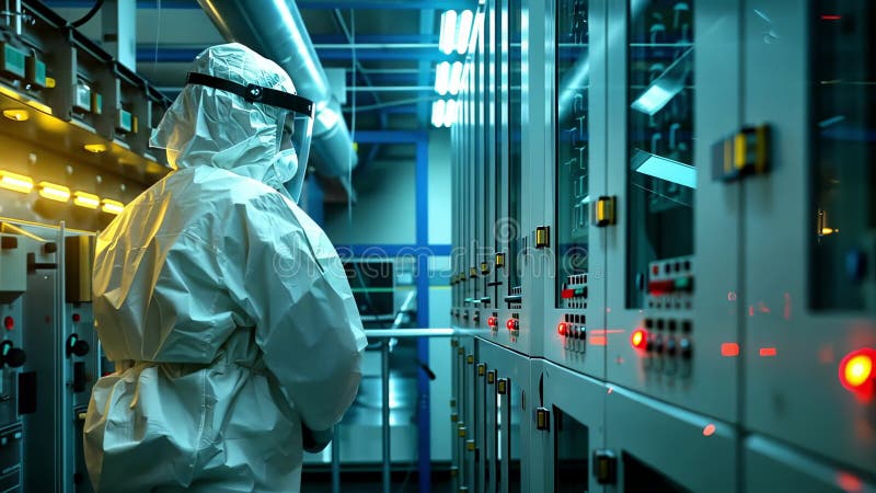 Engineer in Protective Suit and Mask Operating Control Panel in ...