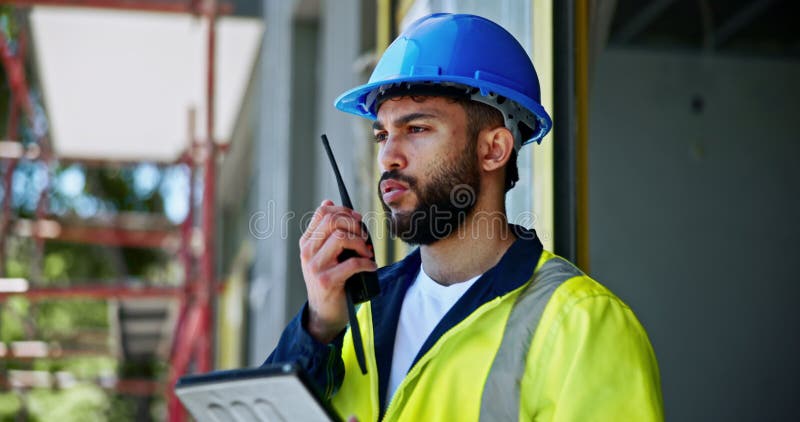 Engineer, Radio and Tablet with Blueprint, Digital Plans and ...