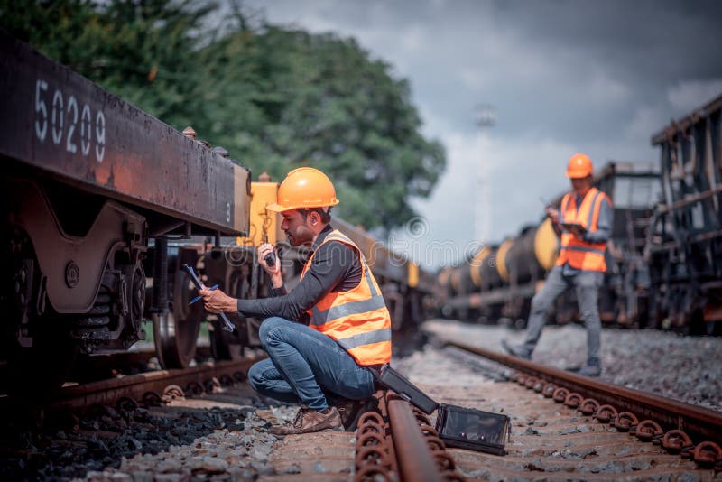 Engineer Railway Tracks Construction Service Team Working on Site ...