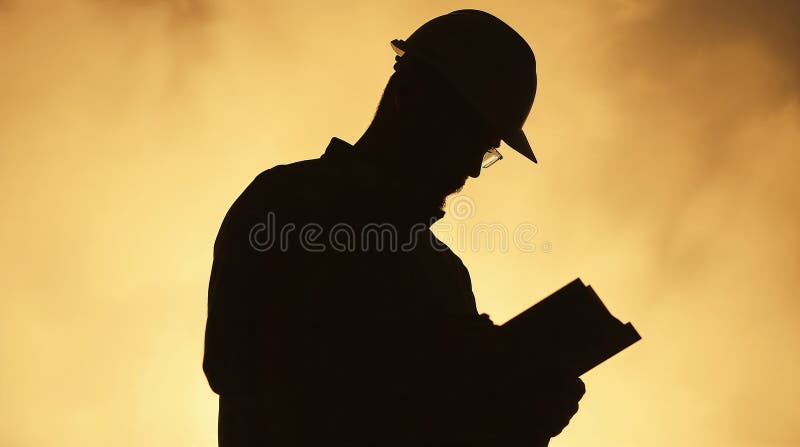 Engineer Reading Instructions during Sunset in Smoky Environment Stock ...