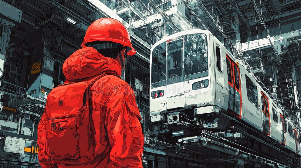 Engineer in Red Gear Observing Train in Industrial Setting Stock ...