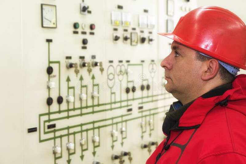 Engineer with Red Helmet Control Instruments in Power Plant Stock Image ...