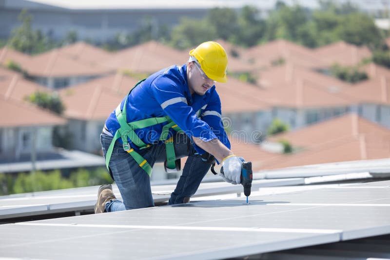 Engineer Repair Solar Panel on the Factory Rooftop Stock Photo - Image ...