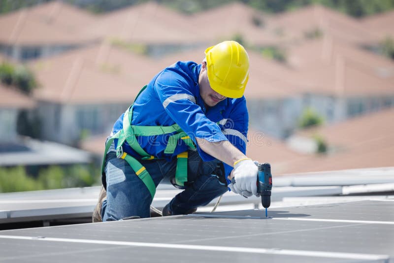 Engineer Repair Solar Panel on the Factory Rooftop Stock Image - Image ...