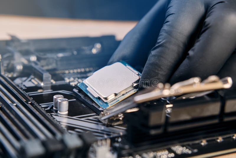 Engineer Repairman Holding Hands in Black Gloves Chip Processor CPU To ...
