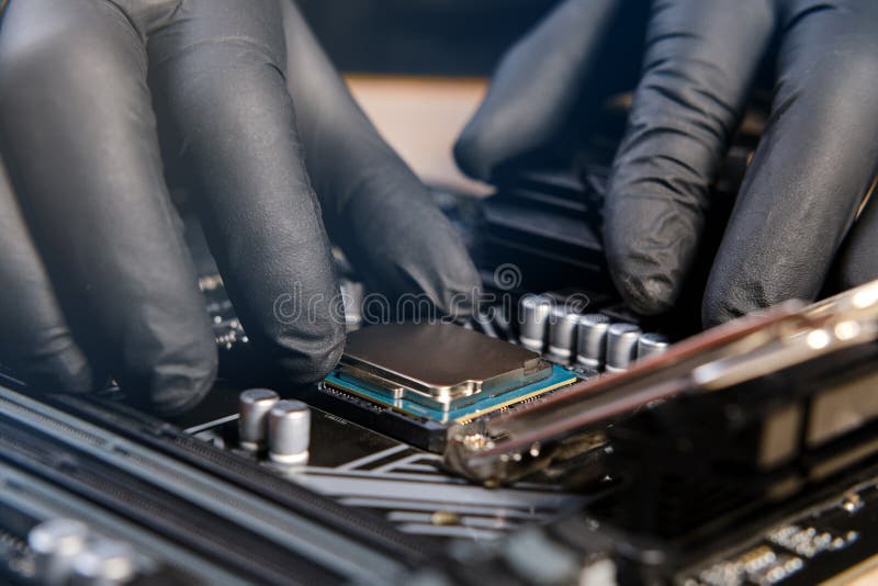 Engineer Repairman Holding Hands in Black Gloves Chip Processor CPU To ...