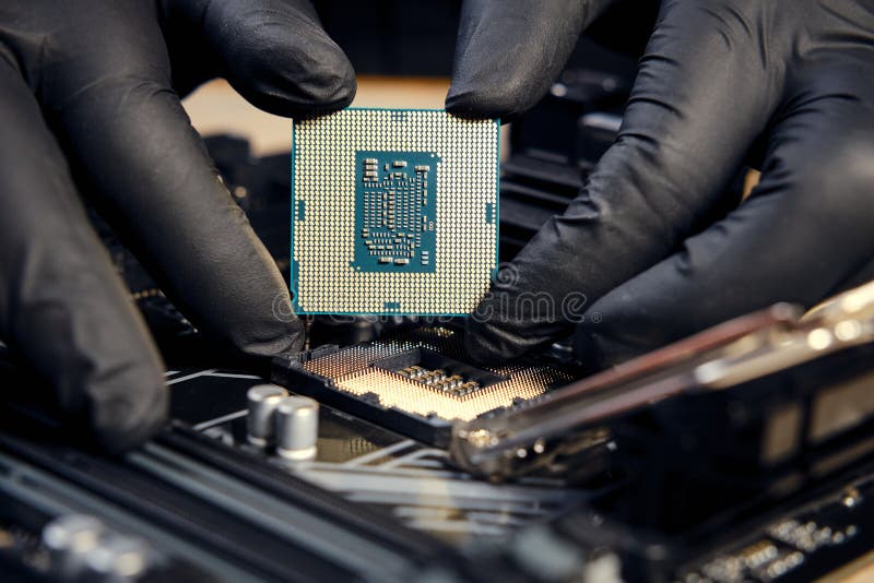 Engineer Repairman Holding Hands in Black Gloves Chip Processor CPU To ...