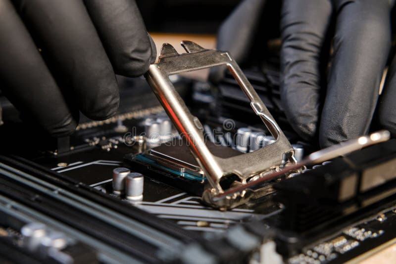 Engineer Repairman Holding Hands in Black Gloves Chip Processor CPU To ...