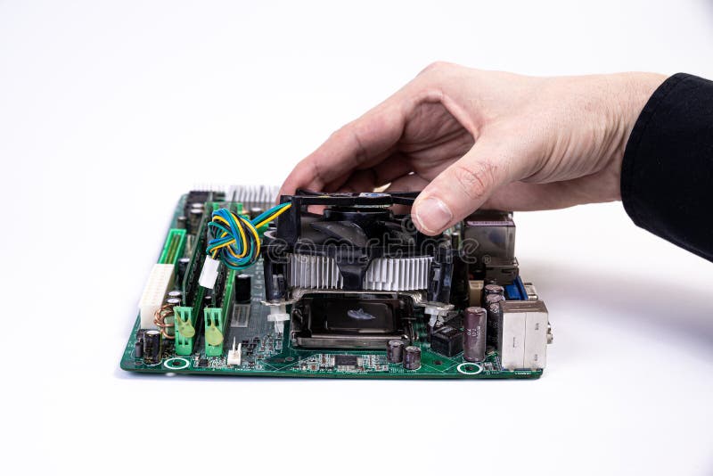 Engineer Repairman Holding Hands in Black Gloves Chip Processor, CPU To ...