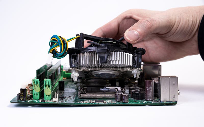 Engineer Repairman Holding Hands in Black Gloves Chip Processor, CPU To ...