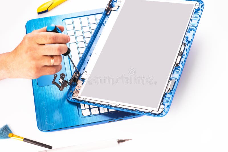 The Engineer Repairs Blue Laptop, Pc, Computer and the Screen. Laptop ...