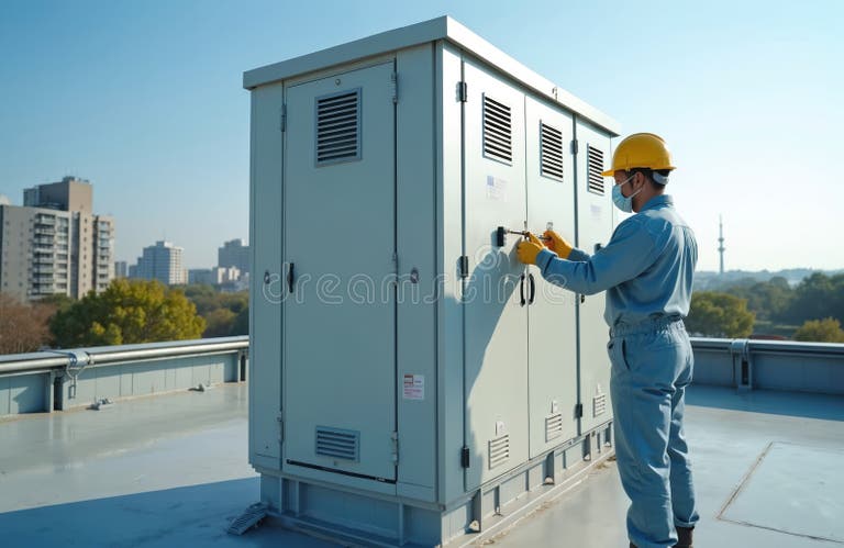 Engineer Repairs Electrical Control Cabinet on Rooftop ...