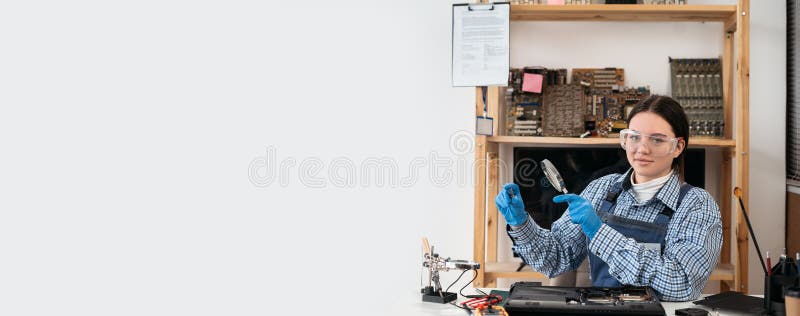 Engineer Repairs Laptop Support Fixing Notebook Computer. it Woman Using Magnifying Glass ...