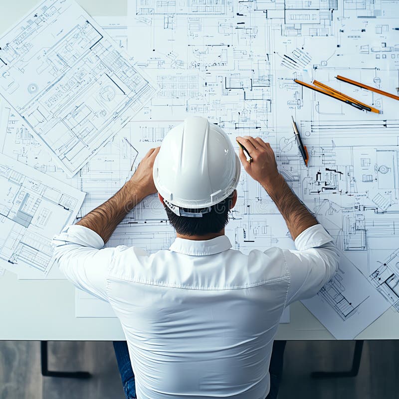Engineer Reviewing Architectural Plans at a Workspace with Tools Stock ...