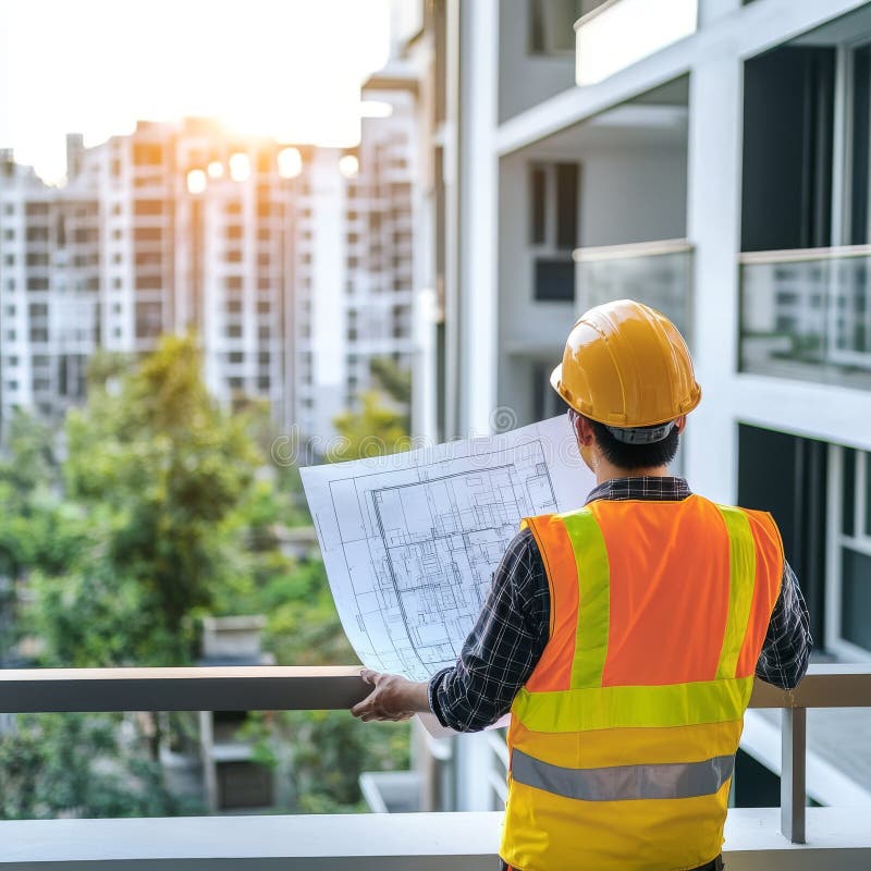 Engineer Reviewing Blueprints on Balcony Stock Illustration ...