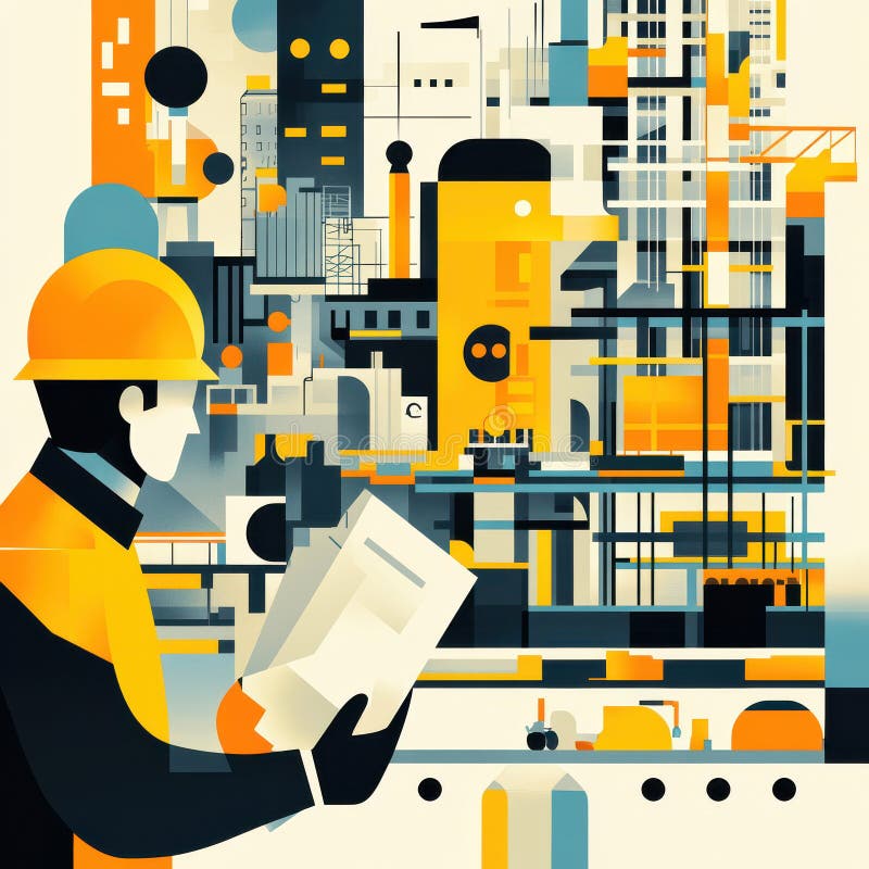 Engineer Reviewing Blueprints at a Construction Site Abstract Art Stock ...