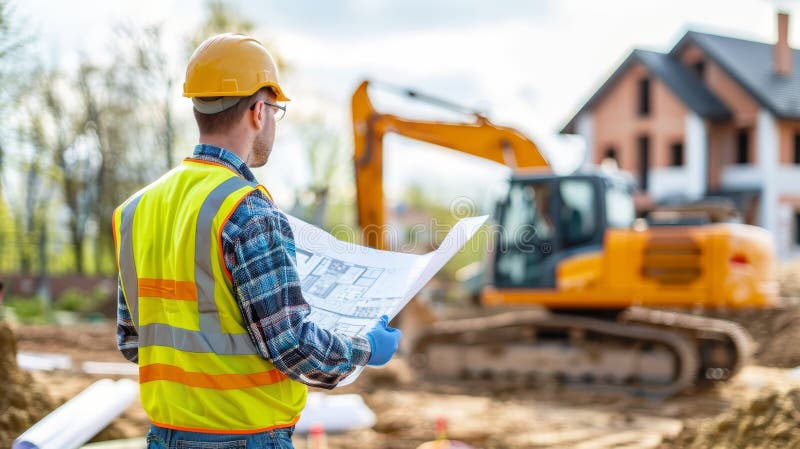 Engineer Reviewing Blueprints at Residential Construction Site Stock ...