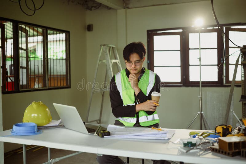 Engineer Reviewing Construction Plans on a Laptop at a Job Site Stock ...
