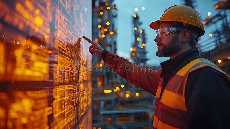 Engineer Reviewing Data on Control Panel at Refinery Stock Illustration ...