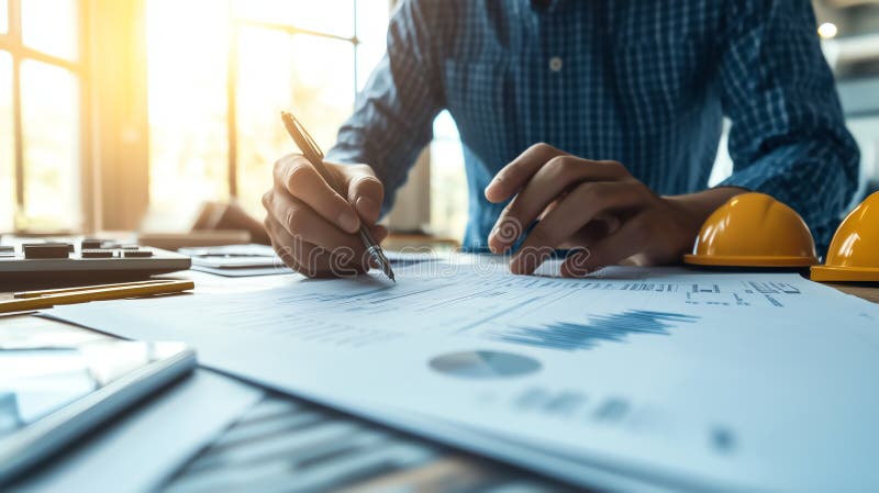 Engineer Reviewing Detailed Cost-Benefit Analysis Report for ...