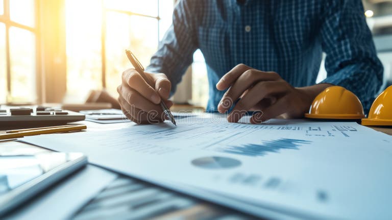 Engineer Reviewing Detailed Cost-Benefit Analysis Report for ...