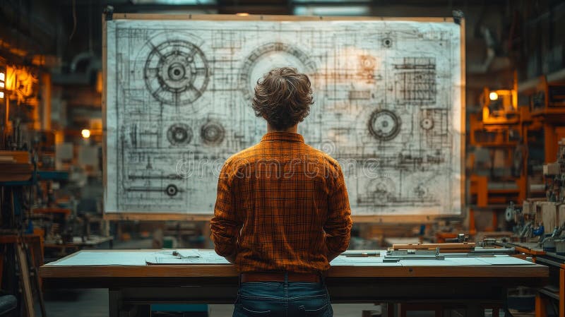 Engineer Reviewing Large Technical Drawing Stock Illustration ...