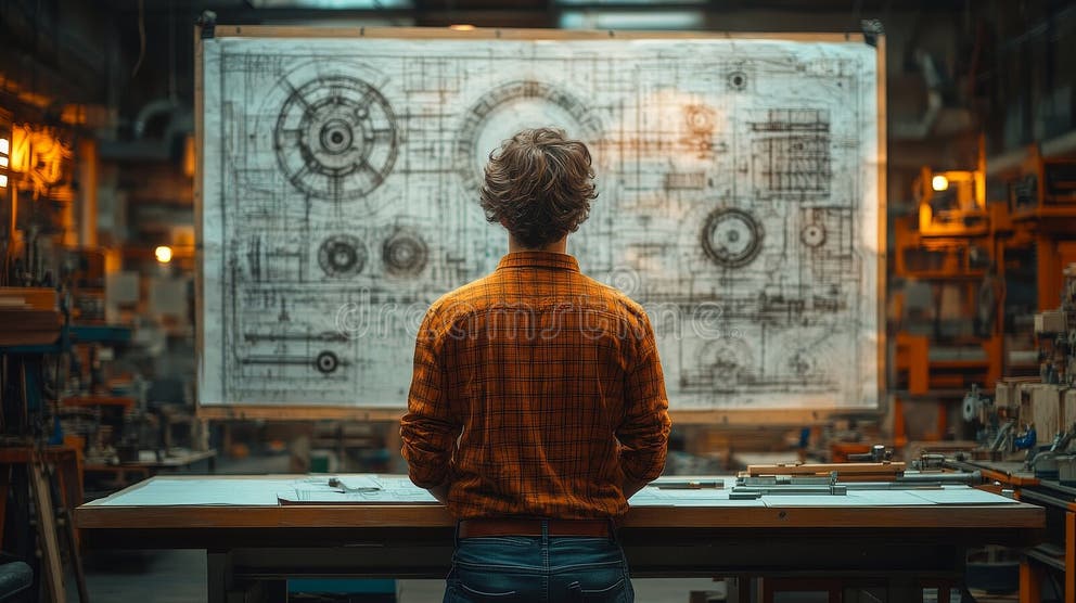 Engineer Reviewing Large Technical Drawing Stock Illustration ...