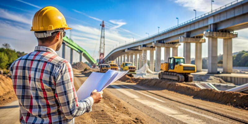 Engineer Reviewing Plans at Construction Site, Back View, Blueprints ...