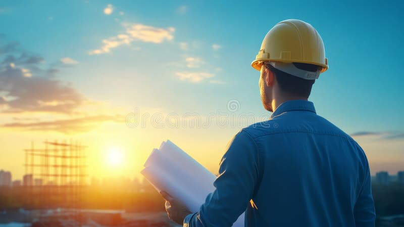Engineer Reviewing Plans at Construction Site Sunset Stock Illustration ...