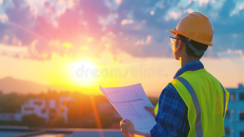 Engineer Reviewing Plans at Sunrise Construction Site Stock ...