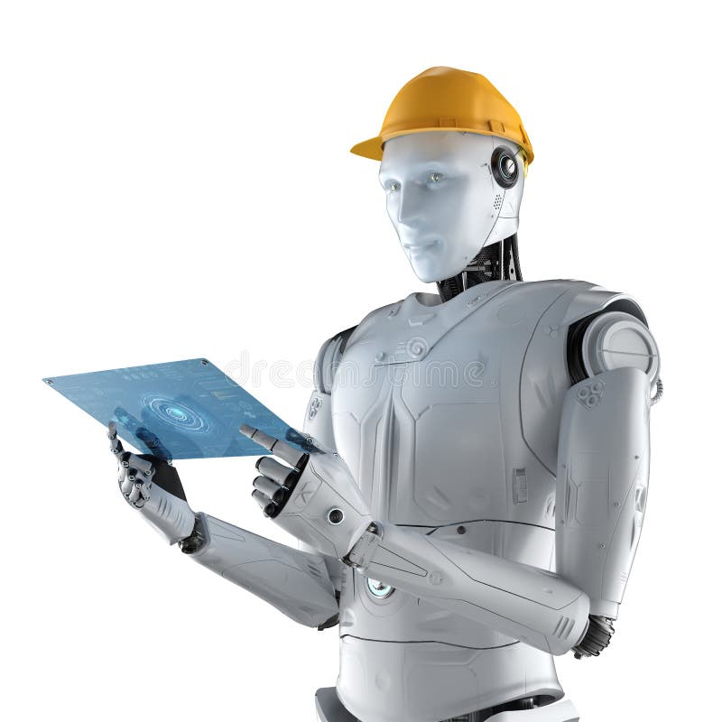 Engineer robot with tablet stock illustration. Illustration of ...
