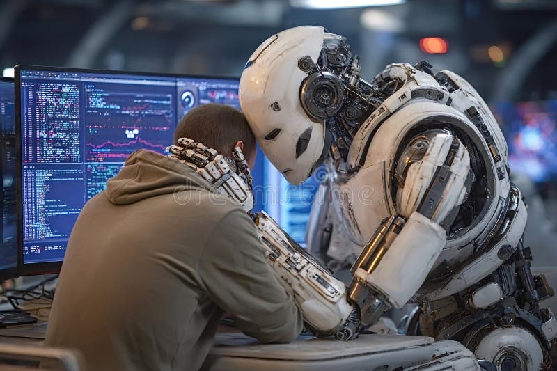 Engineer and Robot Touching Heads while Working on Computer Code Stock ...