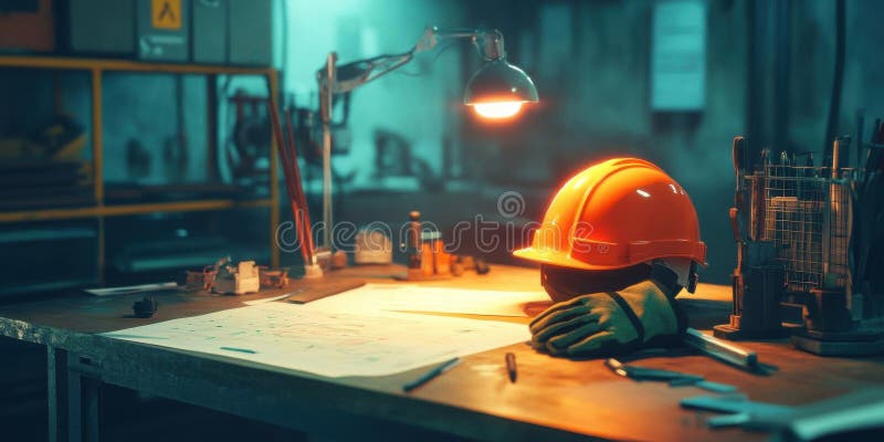 Engineer S Blueprint, Hard Hat, Gloves, Tools on Desk. Safety at Work ...