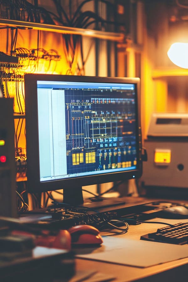 Engineerâ€™s Desk with a Computer Displaying a Complex CAD Layout of ...