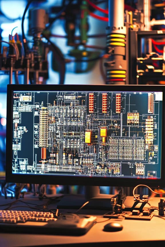 Engineerâ€™s Desk with a Computer Displaying a Complex CAD Layout of ...