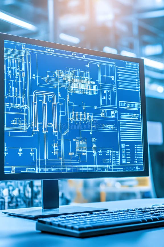 Engineerâ€™s Desk with a Computer Displaying a Complex CAD Layout of ...