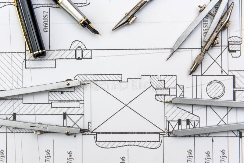 Engineer`s Drawing with Different Tools Top View. Technical Concept ...