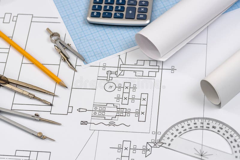 Engineer`s Drawing with Tools and Calculator Close Up Stock Image ...