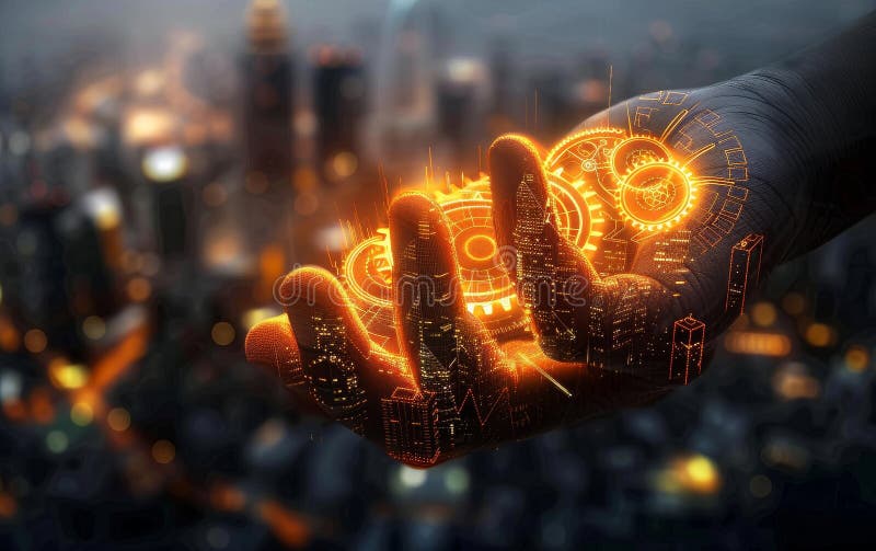 Engineers Hand with Glowing Gears Overlay Blending City Dynamics and ...