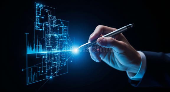 Engineer S Hand with a Stylus Touching a Futuristic Glowing Data ...