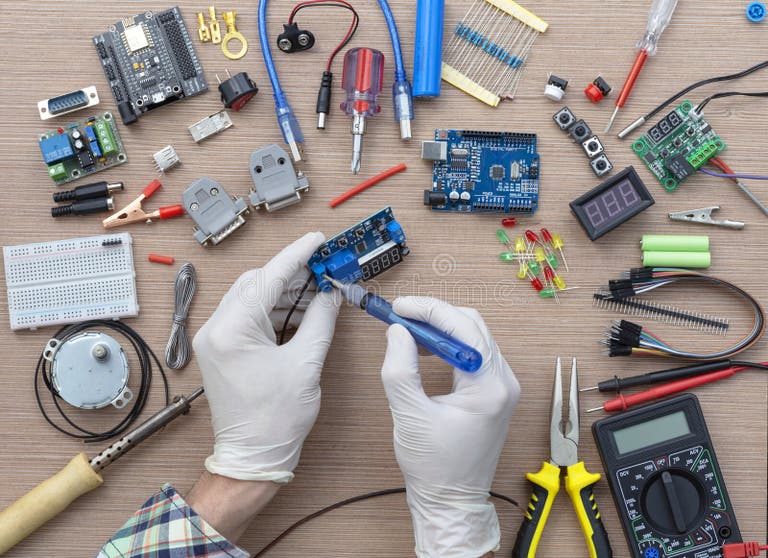 An Engineer S Hands Are Assembling A Breadboard From An Arduino Microcontroller Stock Image