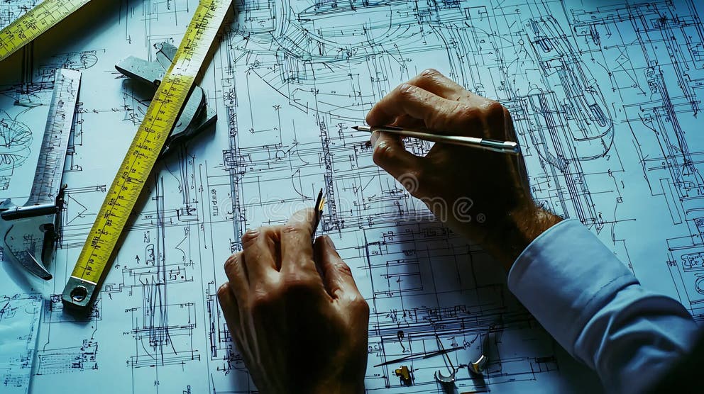 Engineer S Hands Skillfully Sketch Technical Drawings on Blueprint for Innovative Design ...