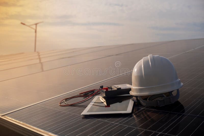 Engineer S Helmet with a Current Measuring Device Placed on a Solar ...