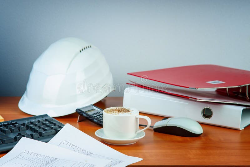 Engineer S Office Table with Work Essential Tools and Hard Hat Stock ...