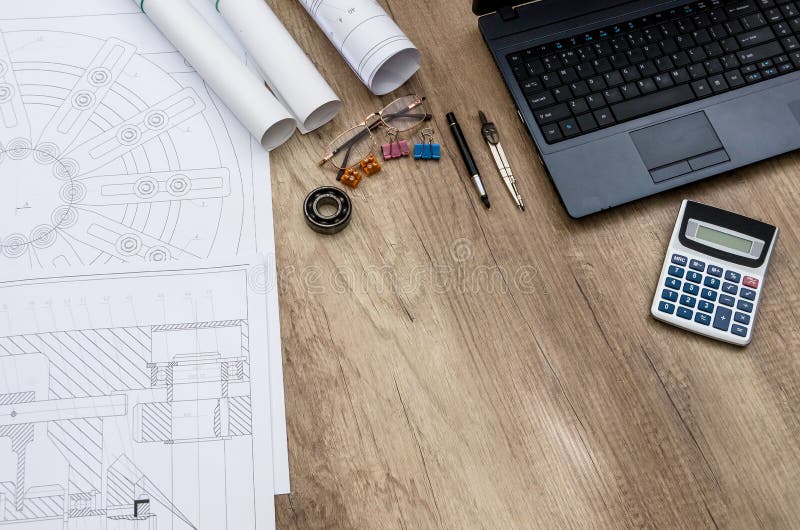 Engineer`s Workplace with Different Details on Wooden Table Stock Image ...