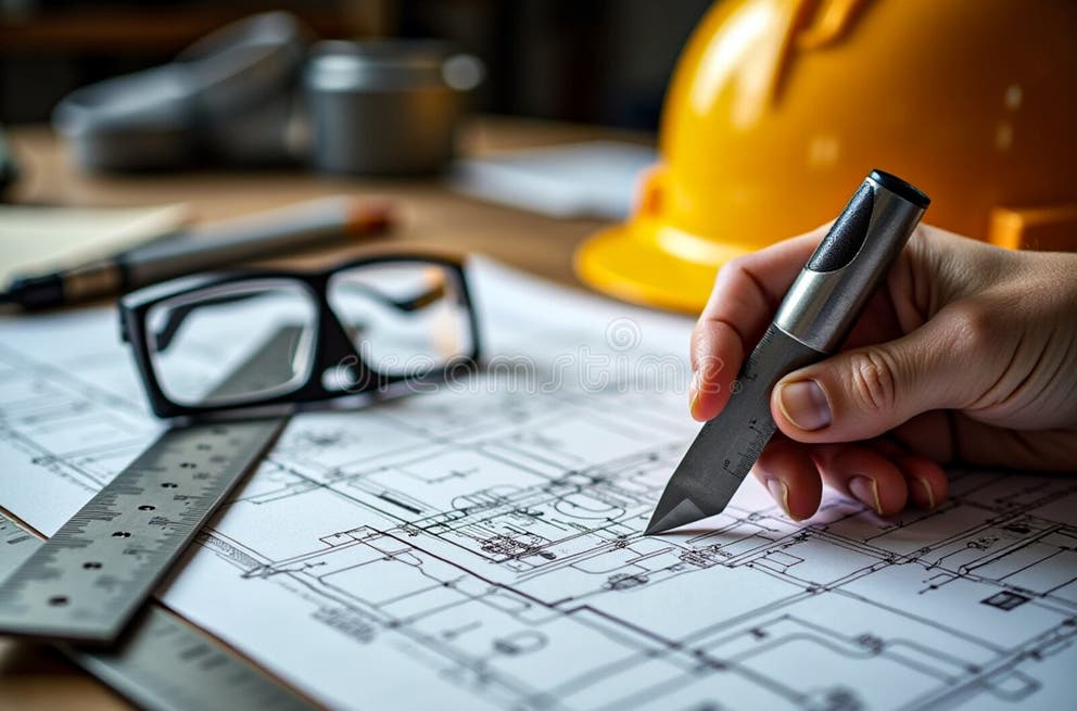 Engineer& X27;s Workspace: Close-Up of Hand Marking Blueprints with a ...