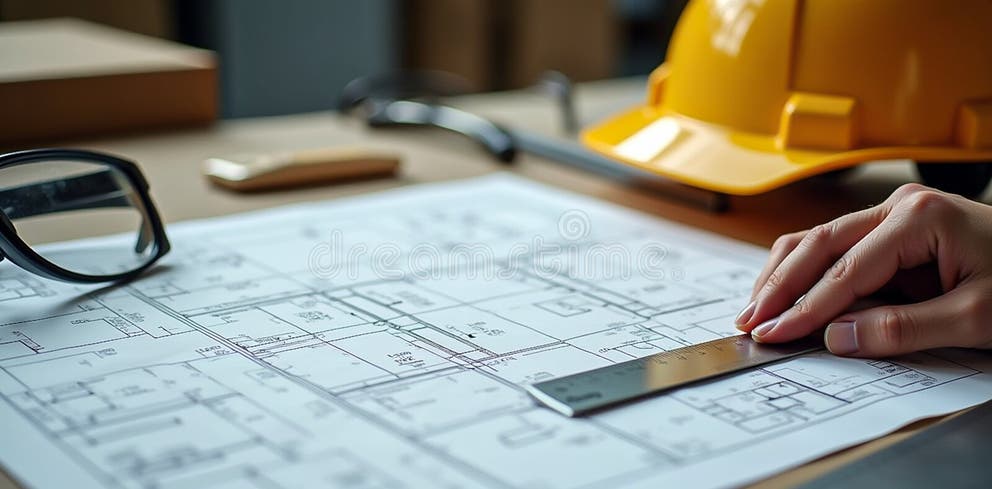 Engineer& X27;s Workspace: Close-Up of Hand Marking Blueprints with a ...