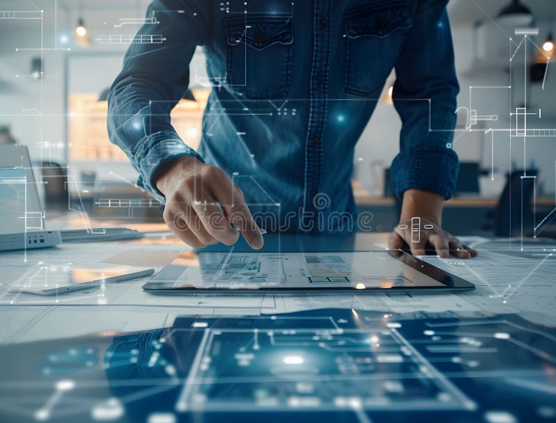 Engineers Workspace with Tablet and Blueprints Stock Illustration ...