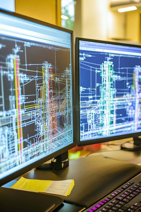 Engineerâ€™s Workstation with Dual Monitors Showing CAD Layouts of a ...
